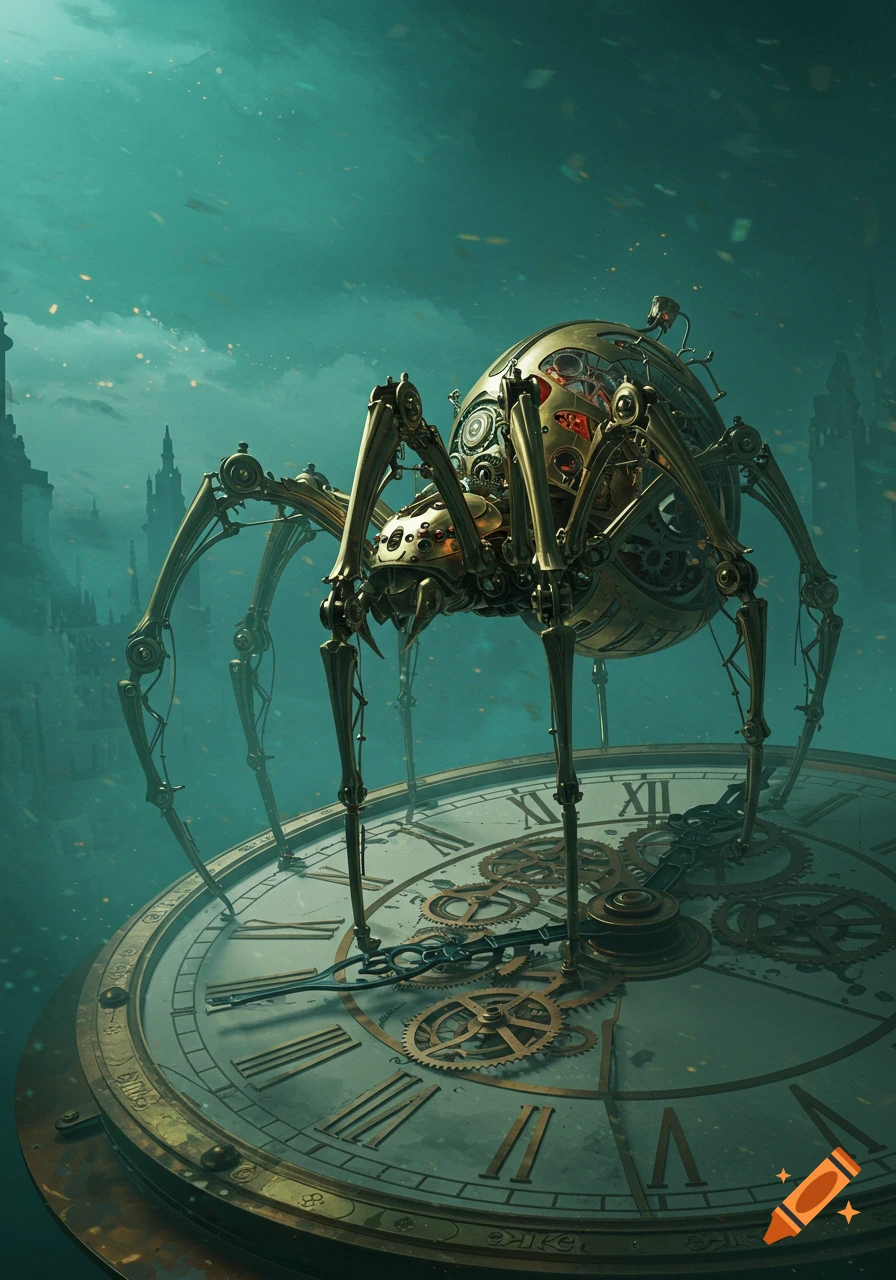 A steampunk clock spider with brass gears and many legs stands on a ...