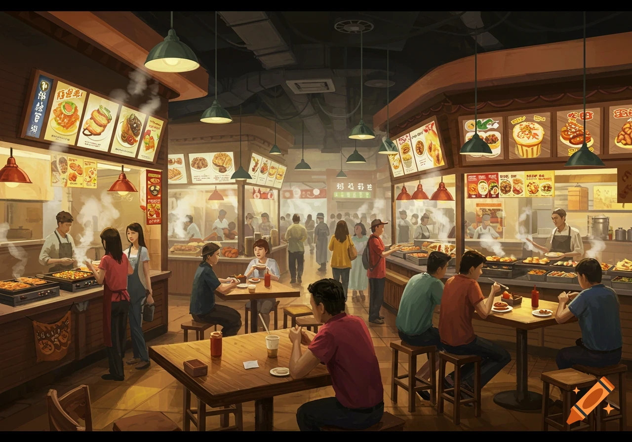 Stylized illustration of Great Bob's barbershop/cafe at sunset, with ...