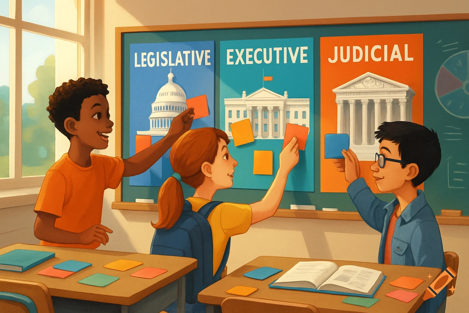 Illustration of three children in a classroom matching cards to posters ...