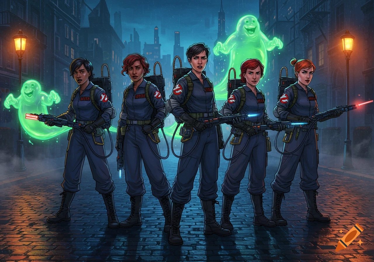 Four Ghostbusters in tan jumpsuits with proton packs blast green ghosts ...