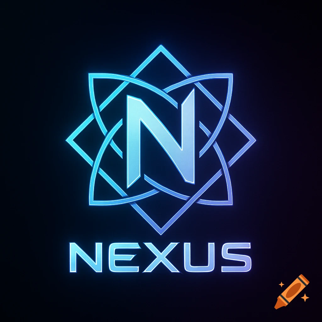 Futuristic metallic emblem with glowing blue and purple crystals ...