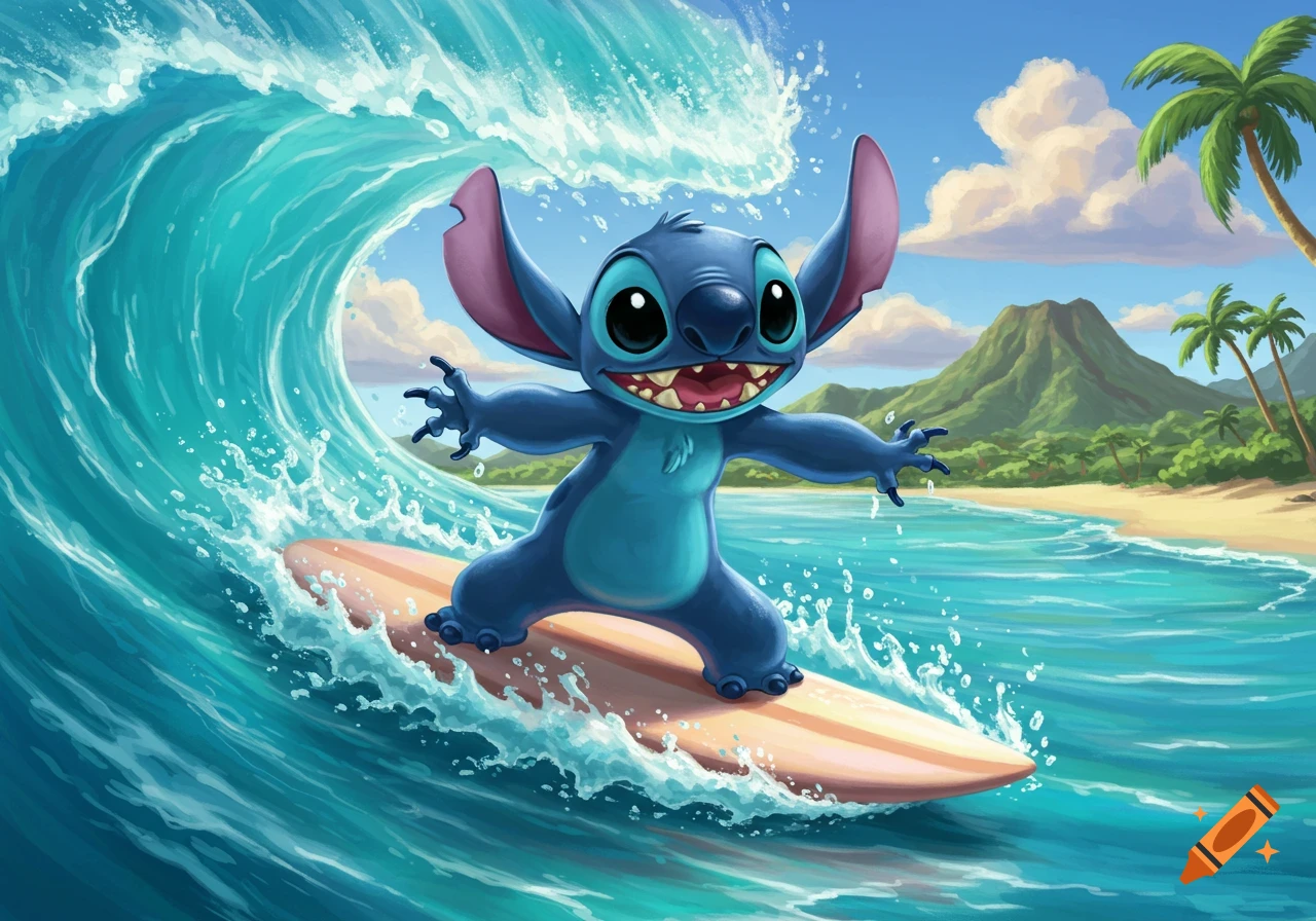 Stitch surfing a large blue wave with a tropical beach and mountains in ...
