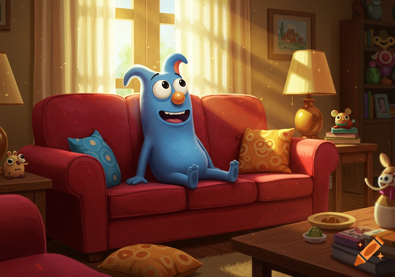 A happy blue cartoon monster with large eyes and an orange nose sits ...