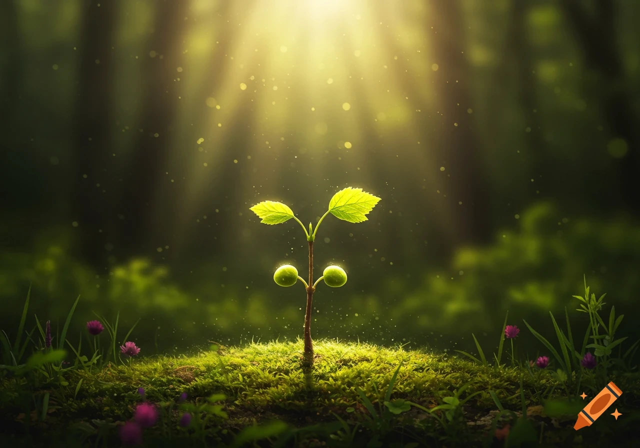 A vibrant green seedling with two leaves and two small buds sprouts ...