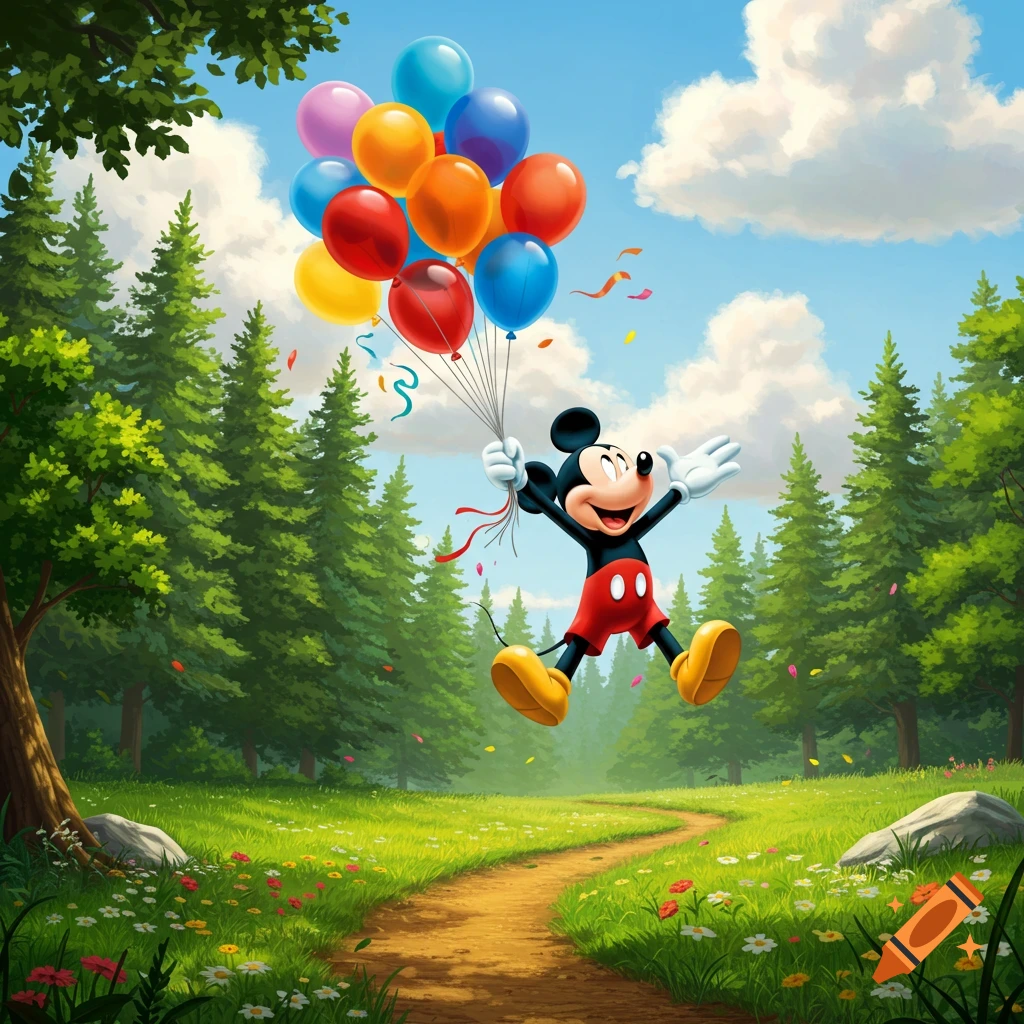 Mickey Mouse floats cheerfully in a blue sky, holding a cluster of ...