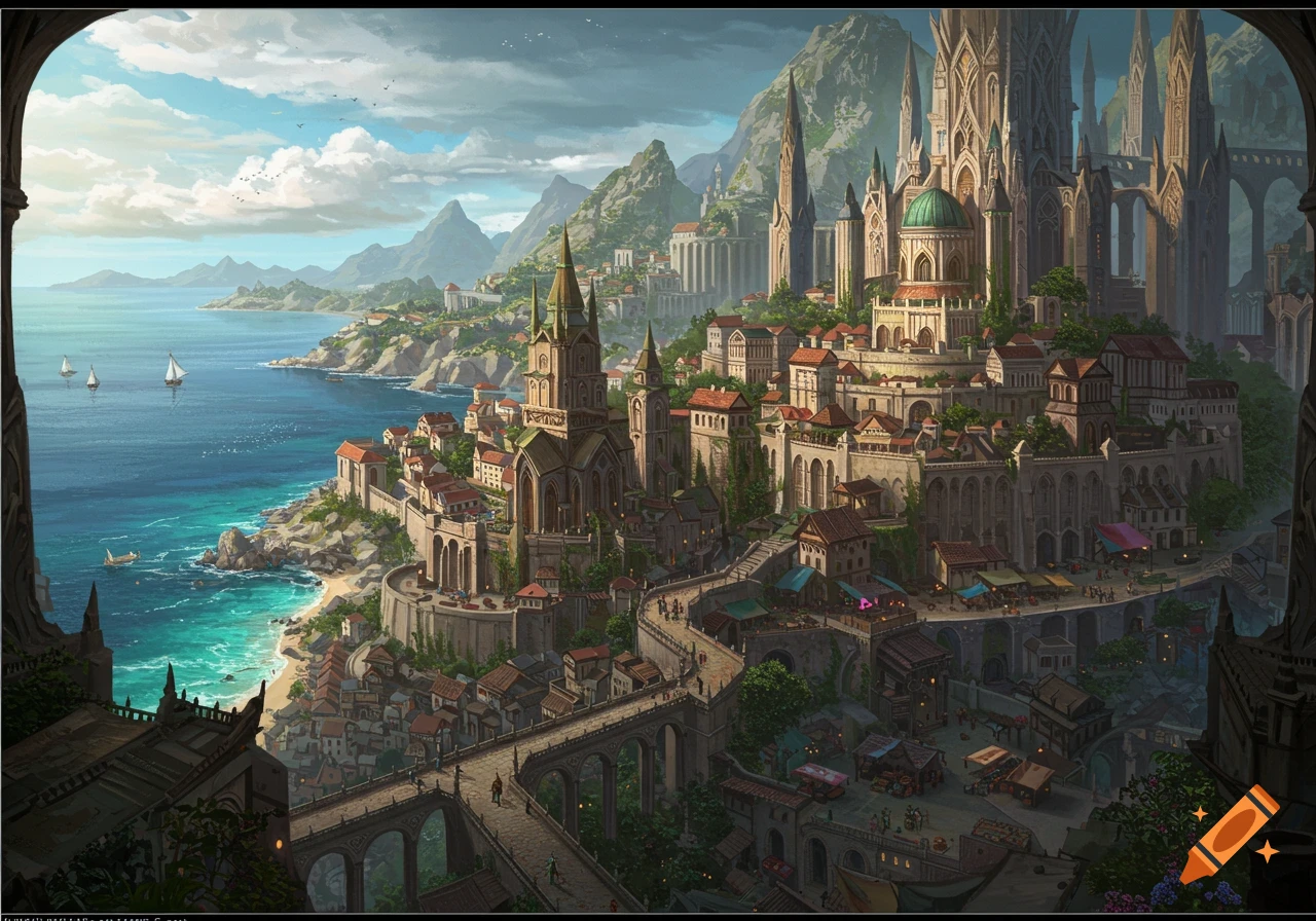 An aerial view of a detailed fantasy island archipelago featuring a ...