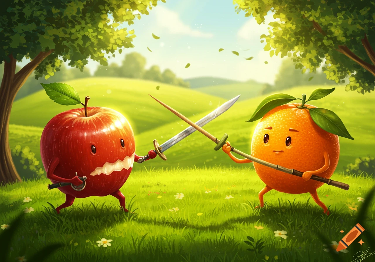 Cartoon illustration of an angry red apple and an angry orange fighting ...