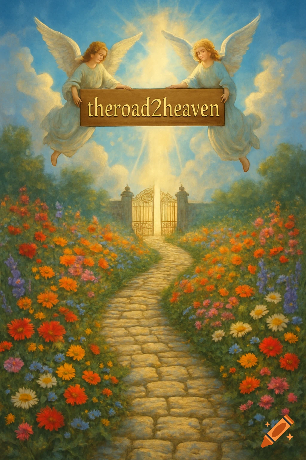 Two angels hold a 'theroad2heaven' sign above a stone path through a ...