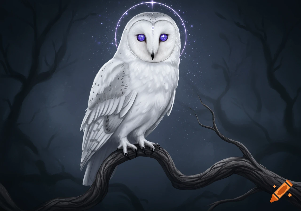 A white barn owl with orange eyes sits on an old stone wall adorned ...