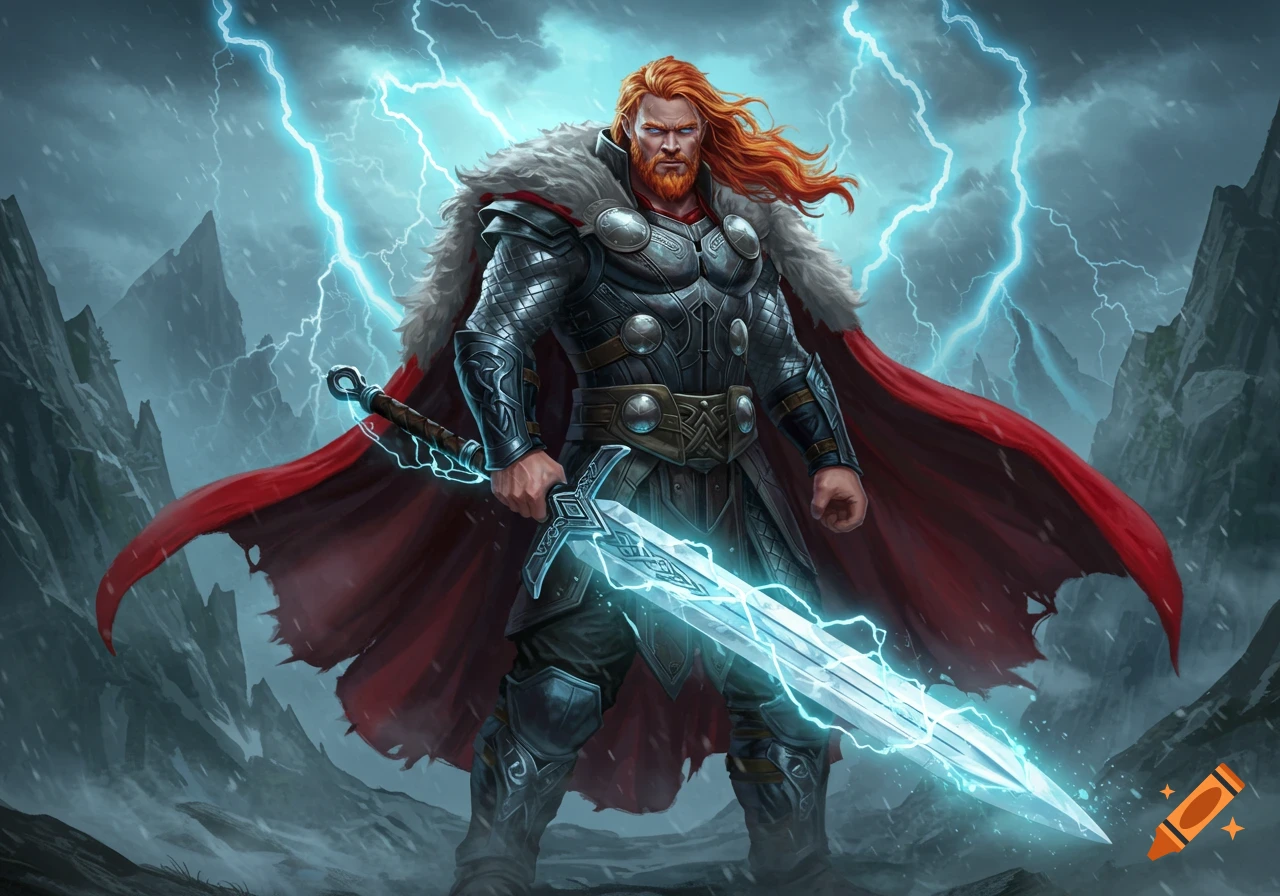 A majestic Viking warrior in ornate silver armor, horned helmet, and a ...