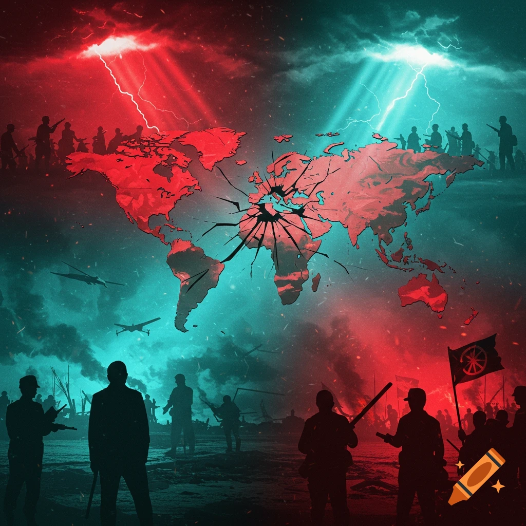 Stylized illustration of a cracked world map under red and cyan skies with lightning, surrounded ...