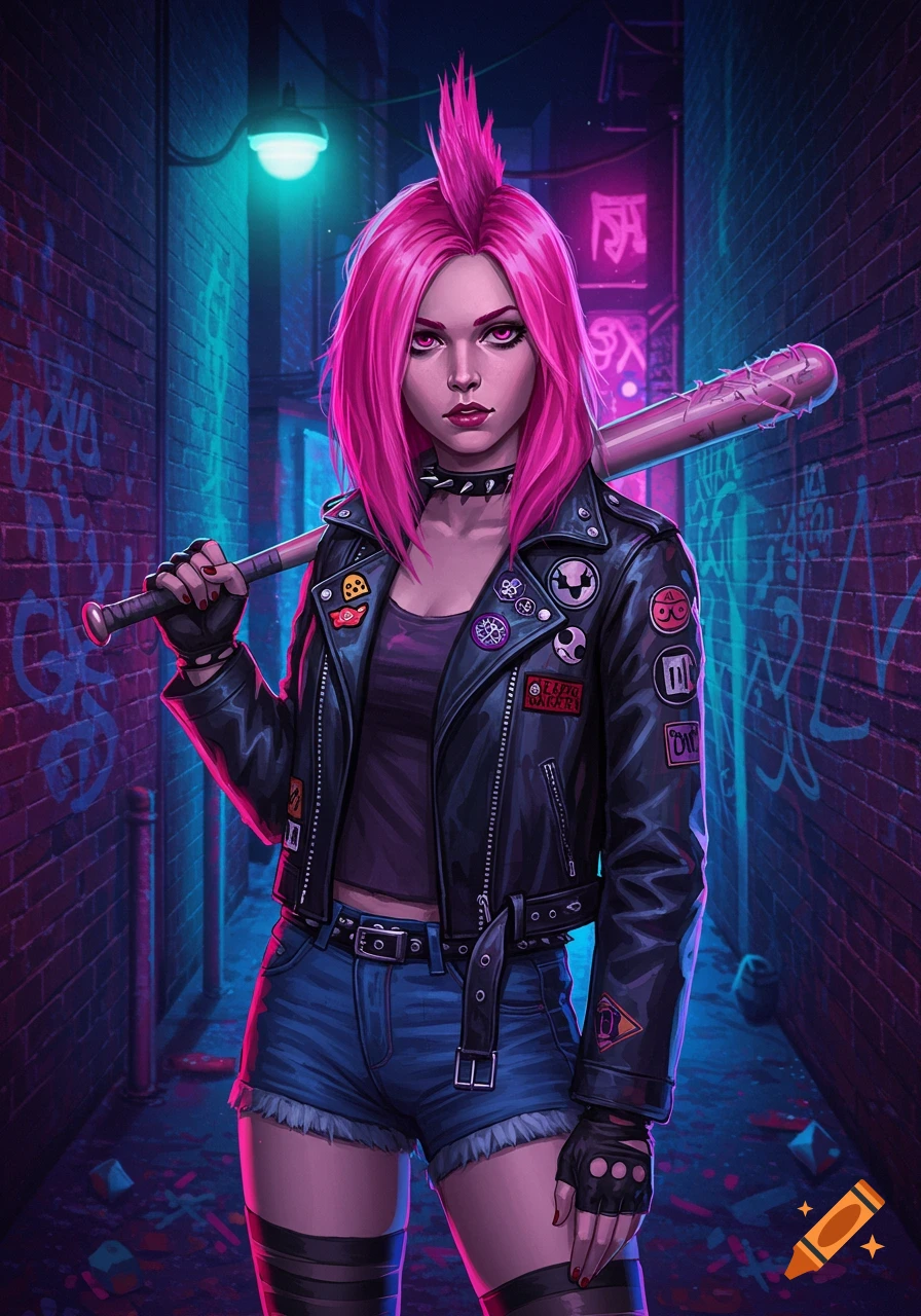 A punk woman with bright pink hair, a leather jacket, and shorts holds ...