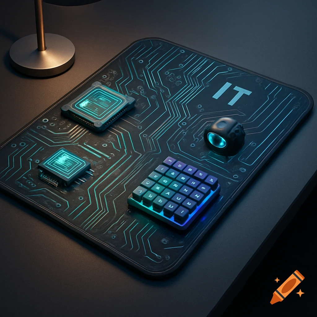 Close-up of a dark mouse pad with glowing teal circuit lines, two ...