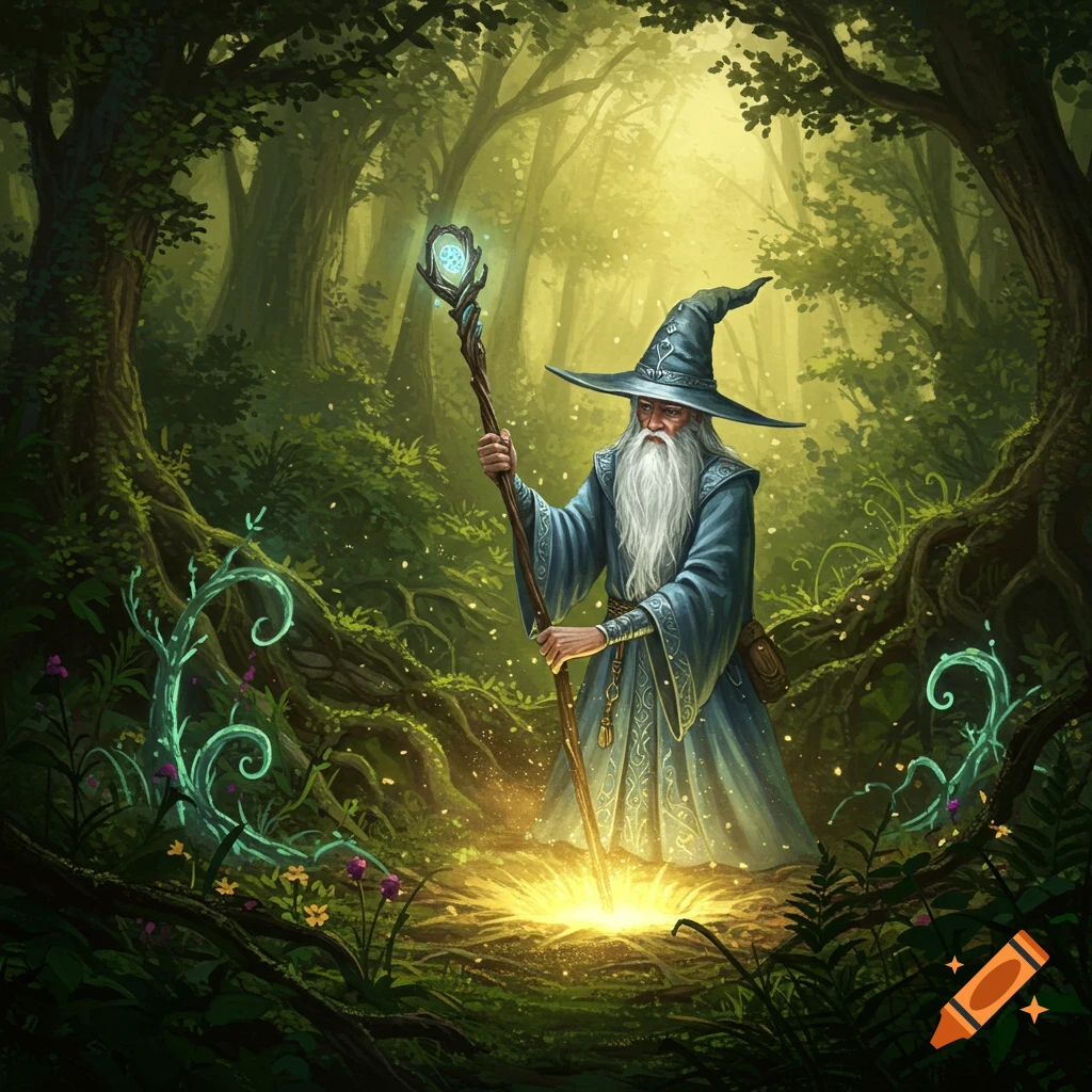 A vibrant fantasy landscape with ancient trees framing a path, elven ...