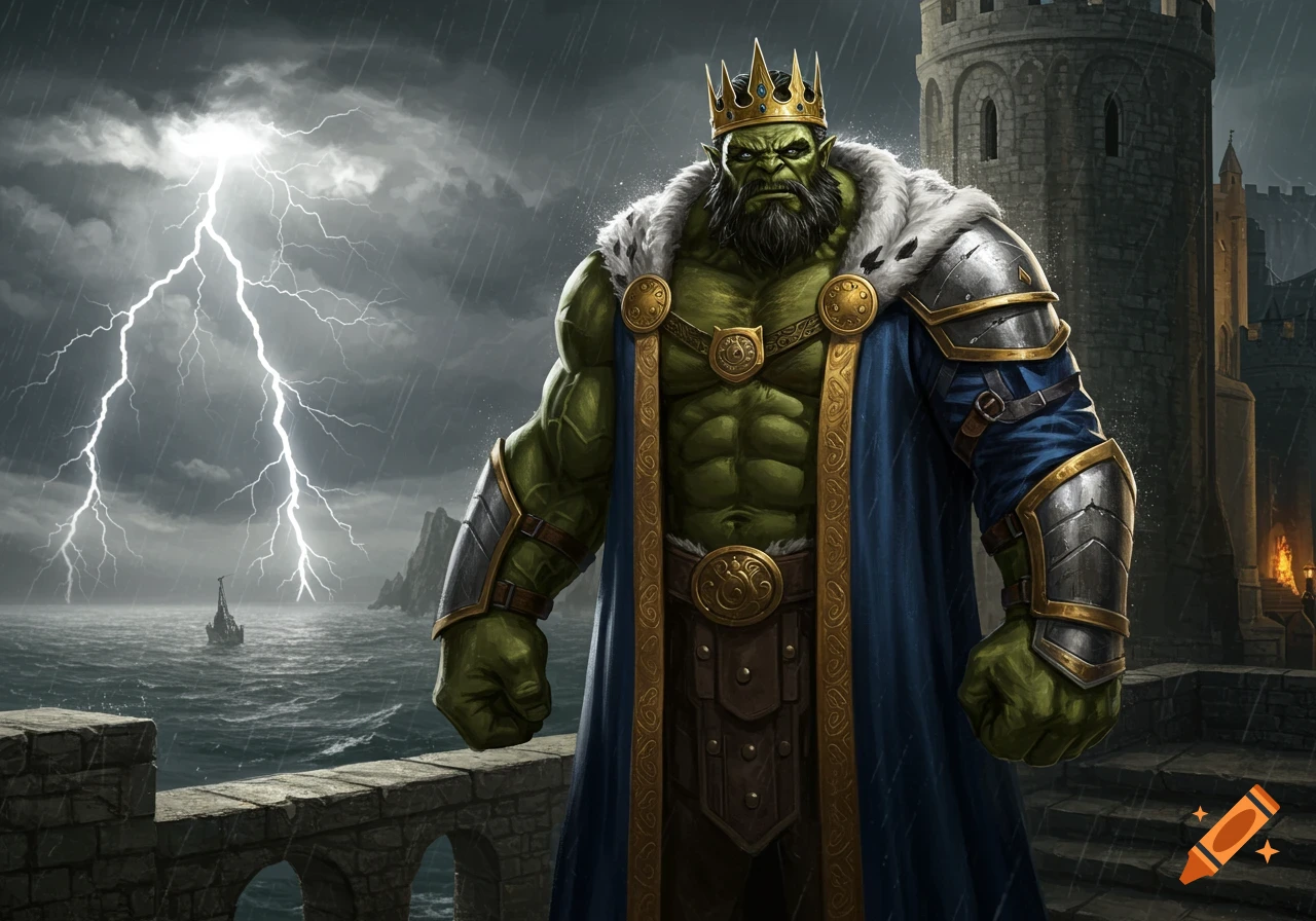 A regal figure in a blue and gold robe leads a lion on a leash through ...