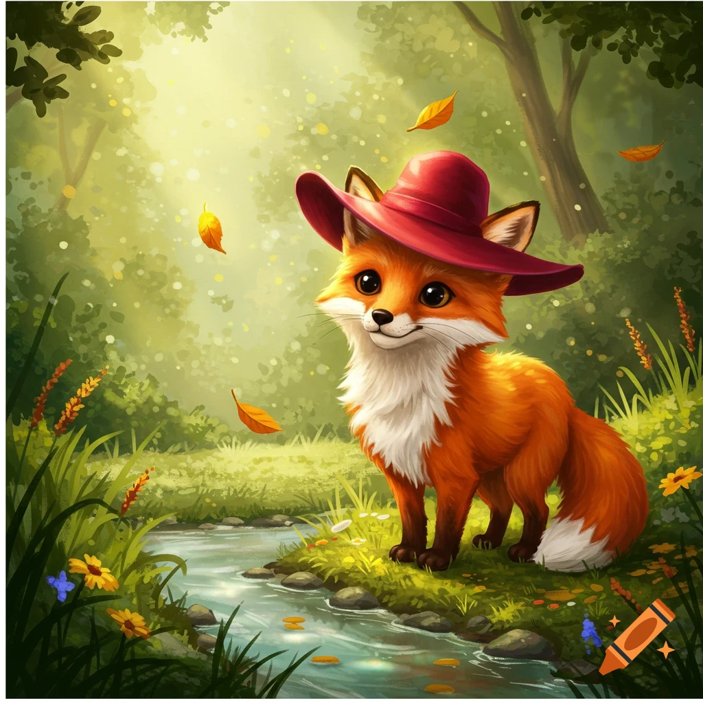 A cute cartoon fox with a red hat stands smiling by a stream in a ...