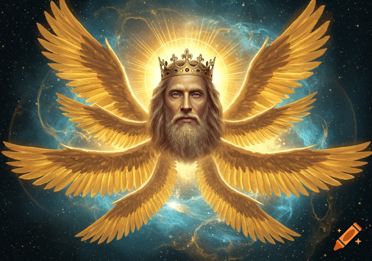 Jesus (or Jehovah) sits majestically on a golden, gem-encrusted throne ...