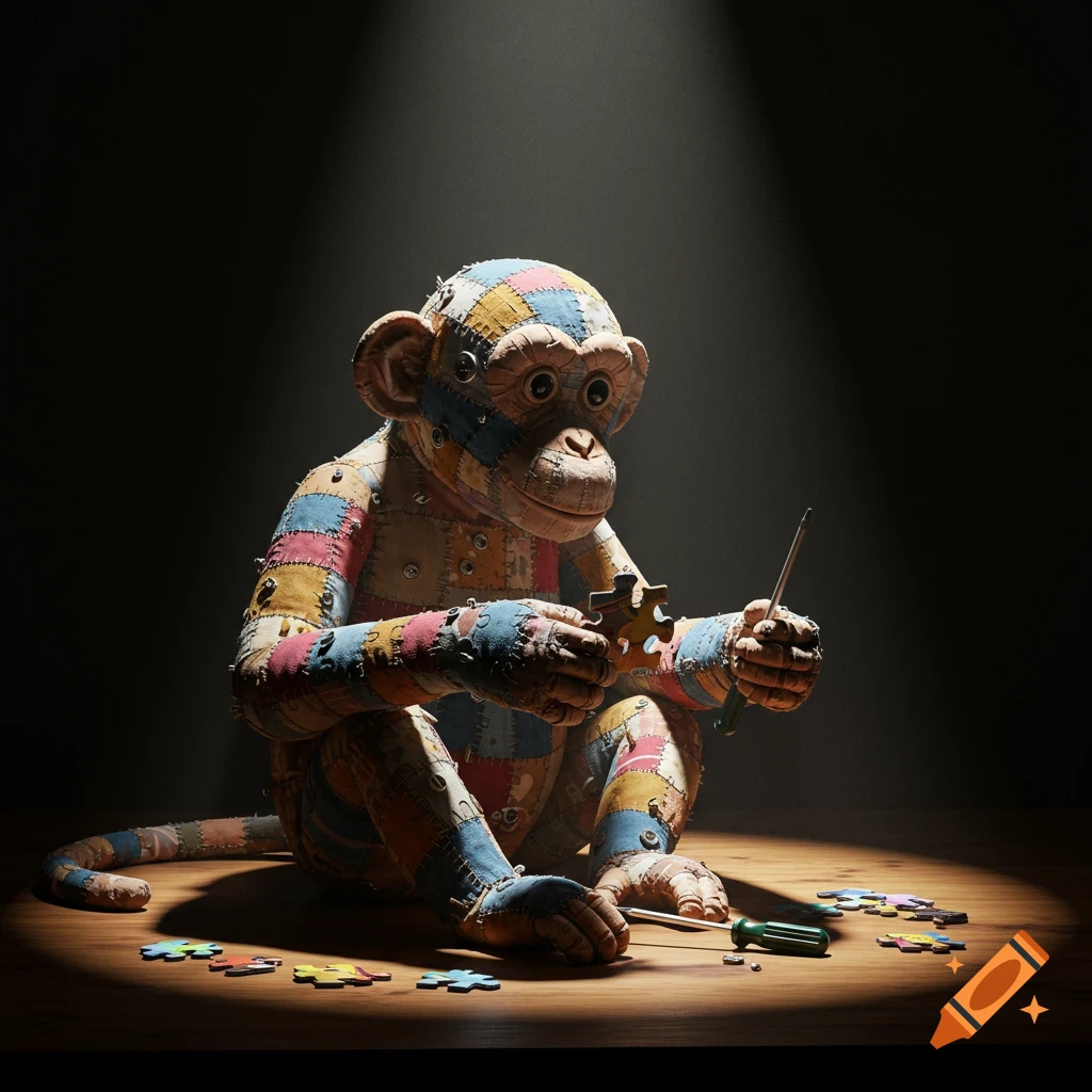 Abstract cubist painting of a monkey covering its eyes, a colorful ...