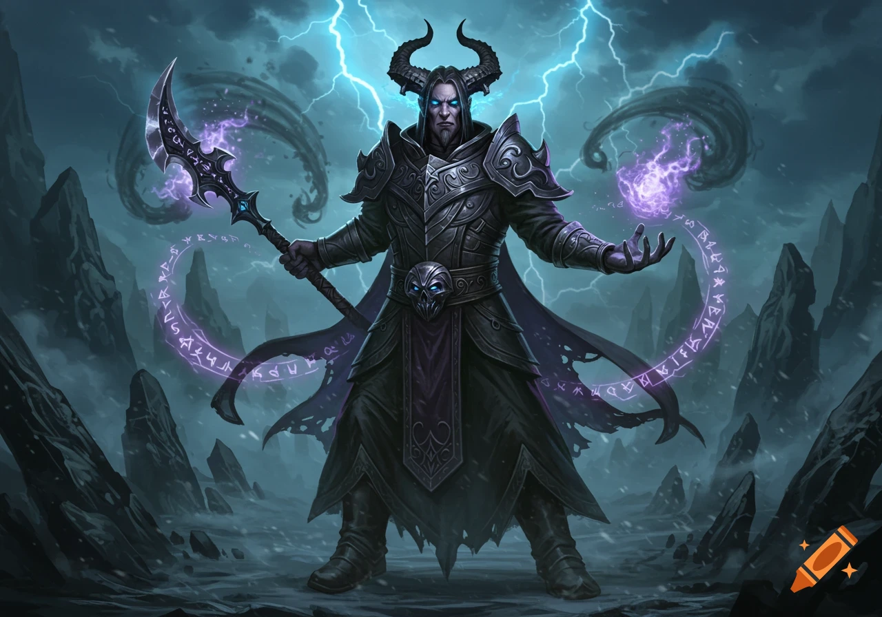 A blue-skinned demon beast with horns, dark armor, purple cape, a ...
