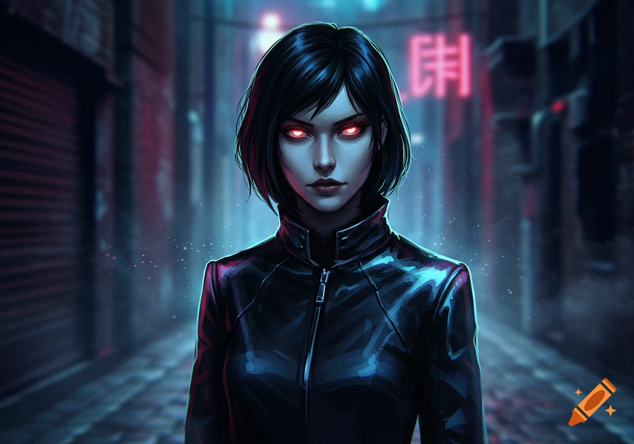 A serious woman with short black hair and glowing red eyes in a dark ...