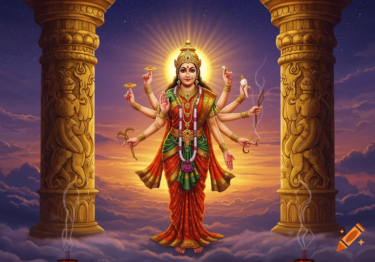 A vibrant illustration of the multi-armed Hindu goddess Chandi ...