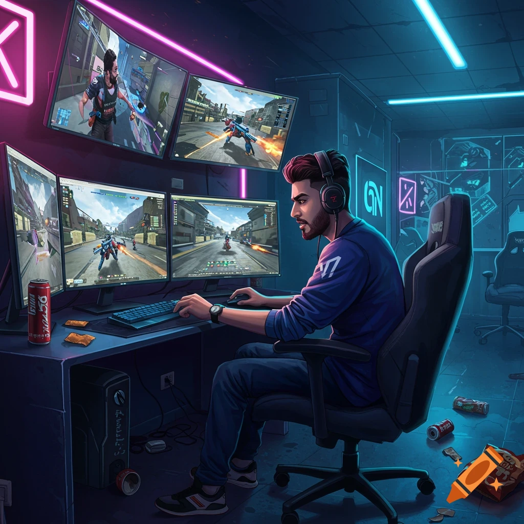 Illustrated scene of friends playing video games in a neon-lit room ...