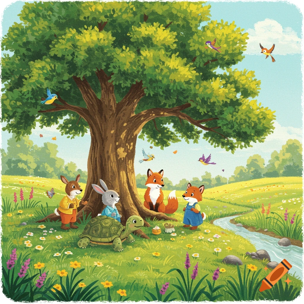 A whimsical illustration of a deer, fox, owl, two squirrels, and a ...