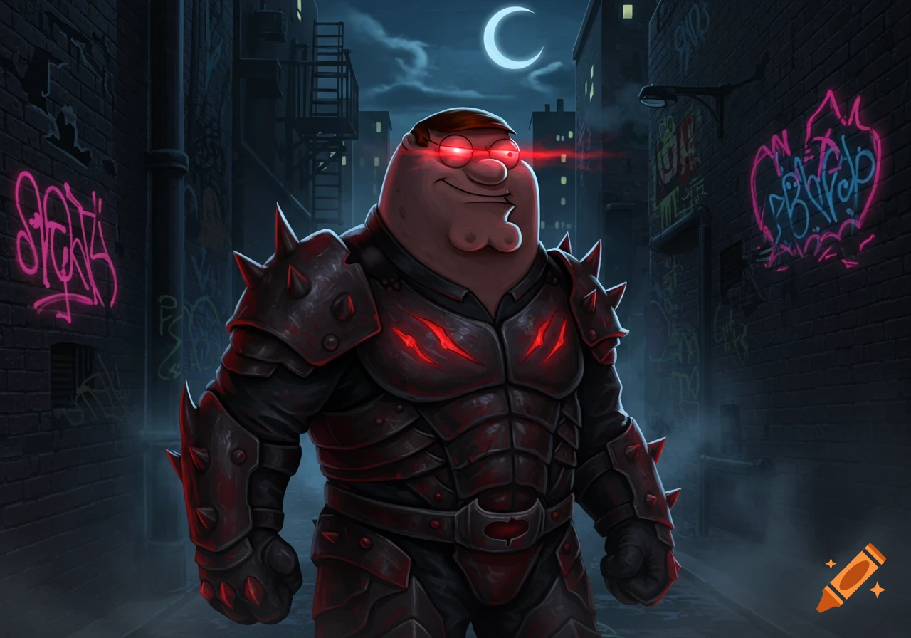 Evil Peter Griffin in dark spiked armor with glowing red eyes and laser beams, standing in a ...