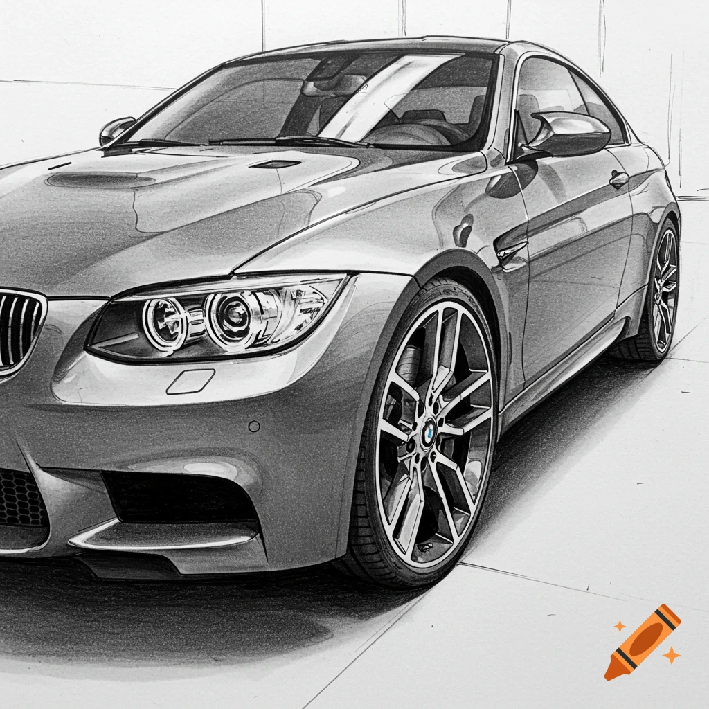 Detailed pencil sketch of a silver BMW M3 coupe from a front quarter ...