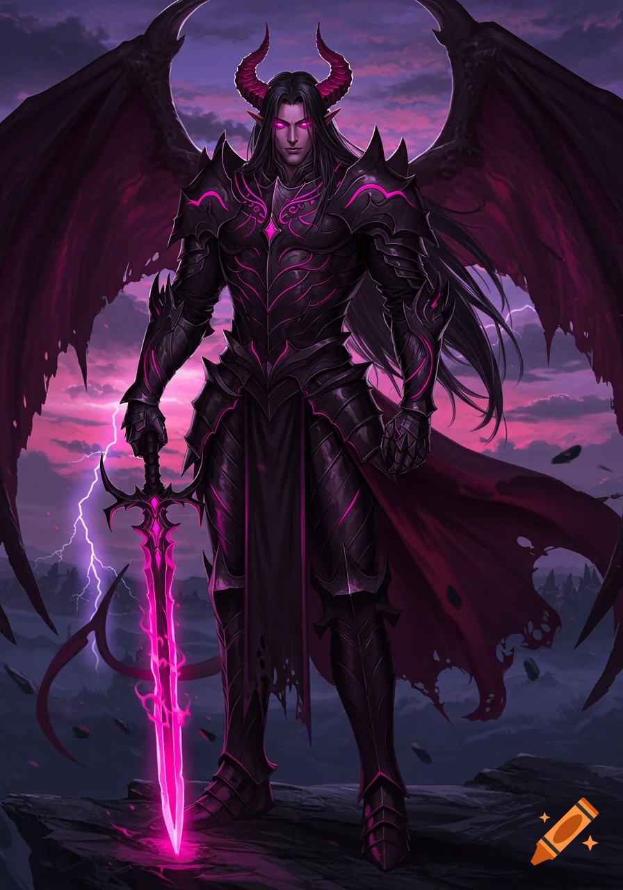 Anime demon prince in black armor with pink accents, dark wings ...