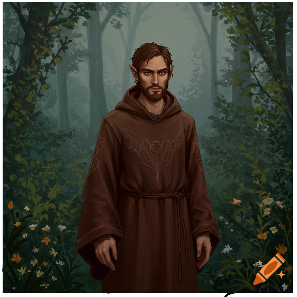 A solemn male elf with brown hair and beard, wearing a brown hooded ...