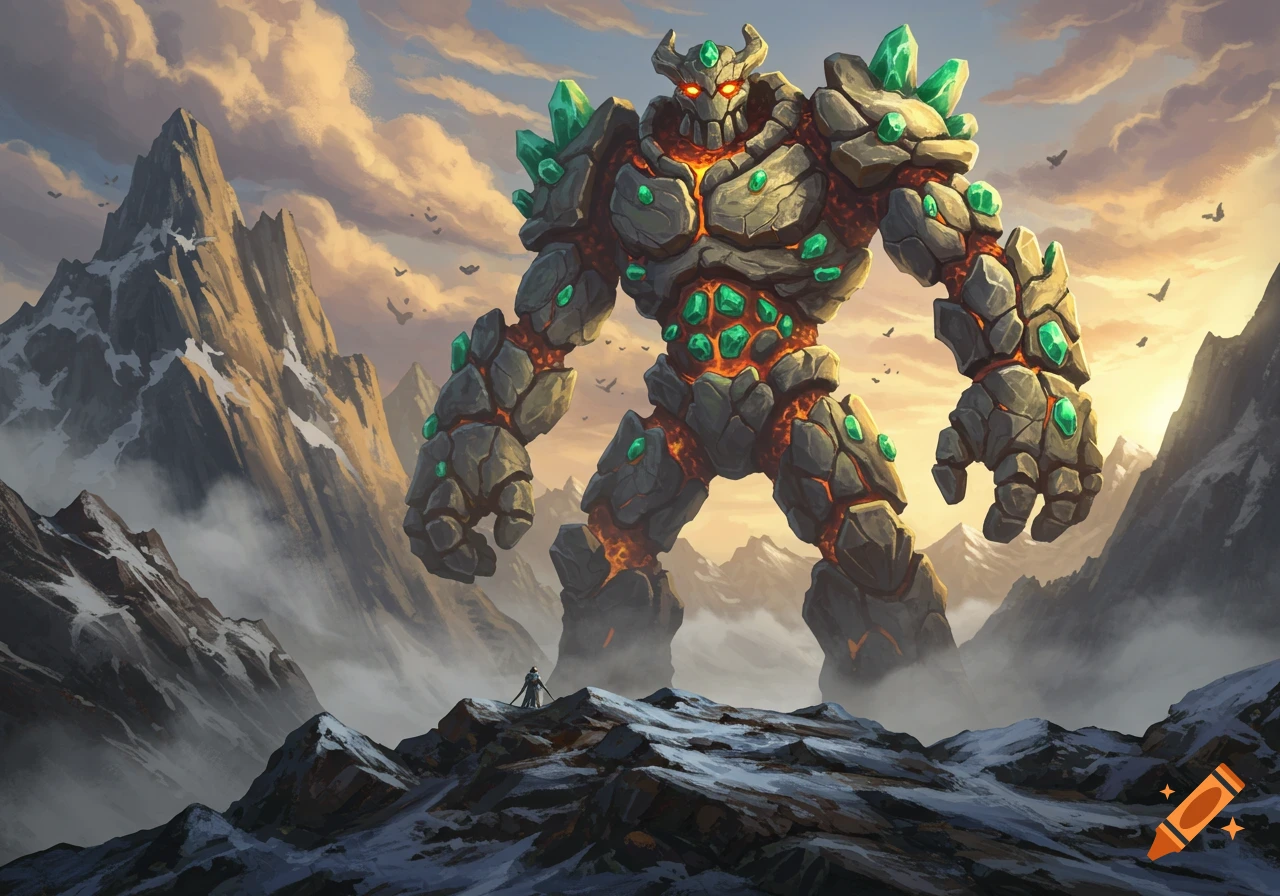A colossal elemental stone golem with glowing lava and green crystals ...