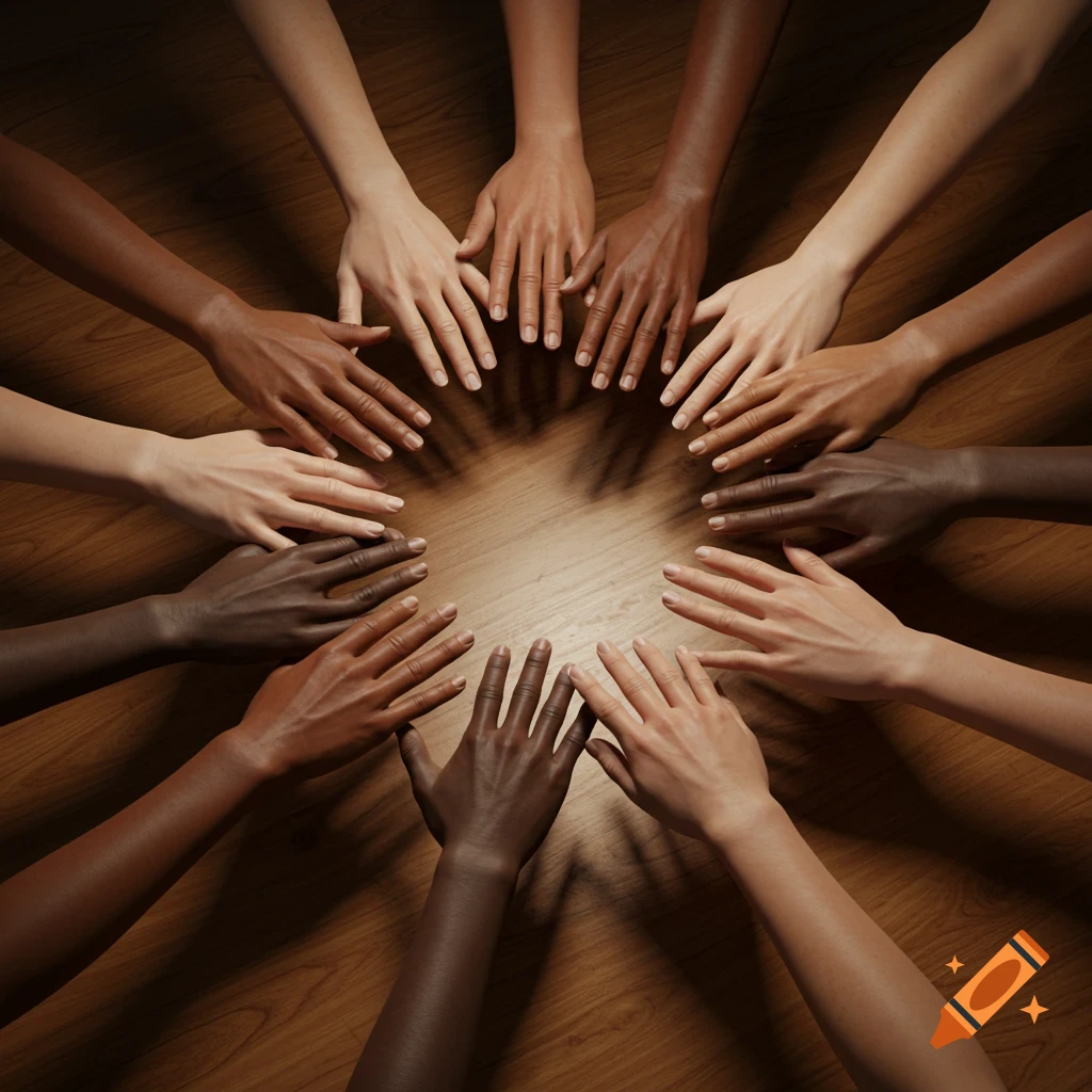 Diverse hands reach towards a glowing data network, connected by ...