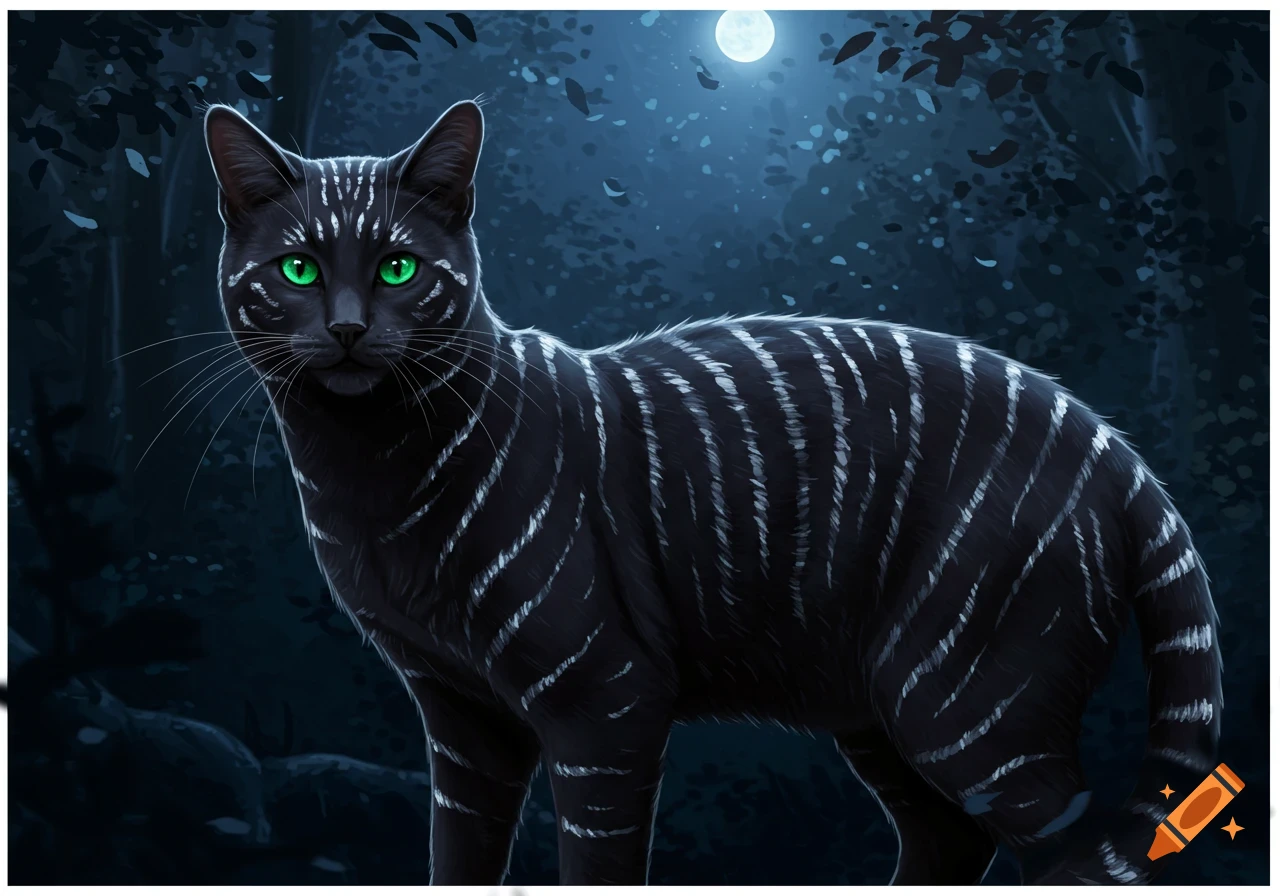 An orange and black striped cat with glowing fur and green eyes stands ...