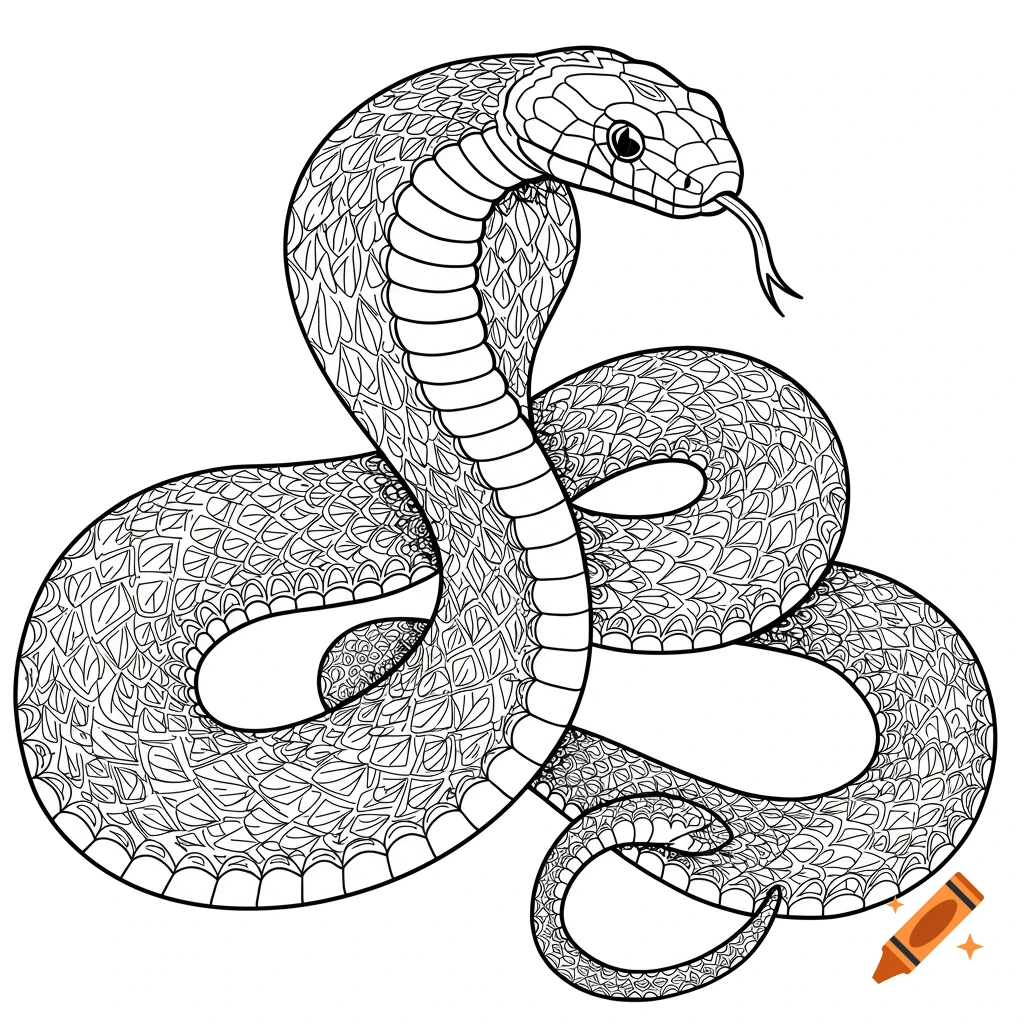 Black and white line art illustration of a cobra with a raised hood ...
