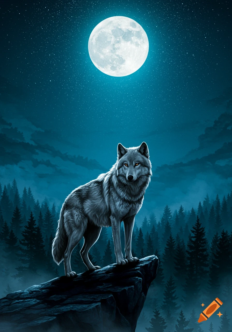 A majestic grey wolf stands on a rocky cliff under a bright full moon ...