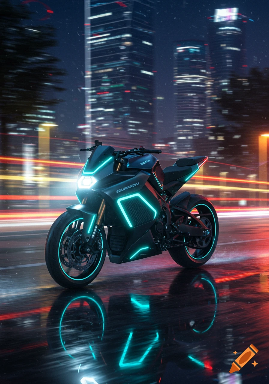 An anime woman with blue hair stands next to a silver motorbike on a ...