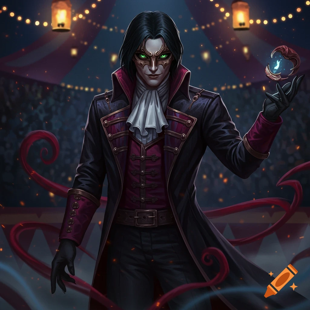 A sinister masked ringmaster with green eyes and black hair, dressed in ...