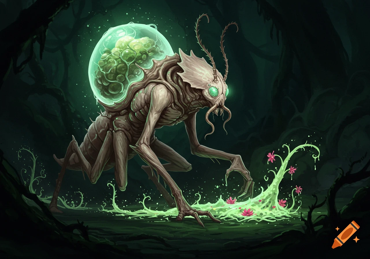 Mutant insectoid creature stands in a glowing purple and teal fantasy ...