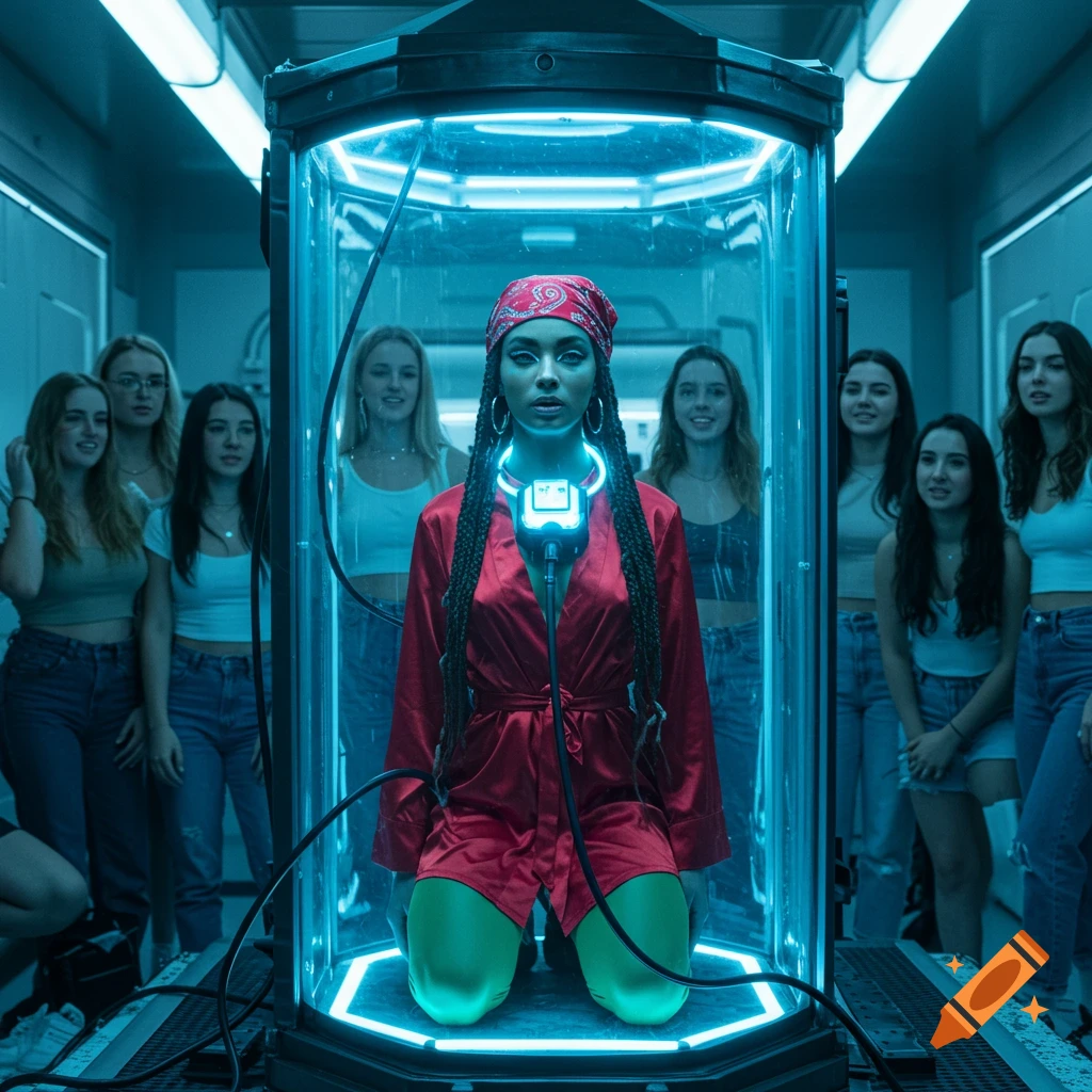 A woman in a red robe and green leggings kneels inside a transparent ...