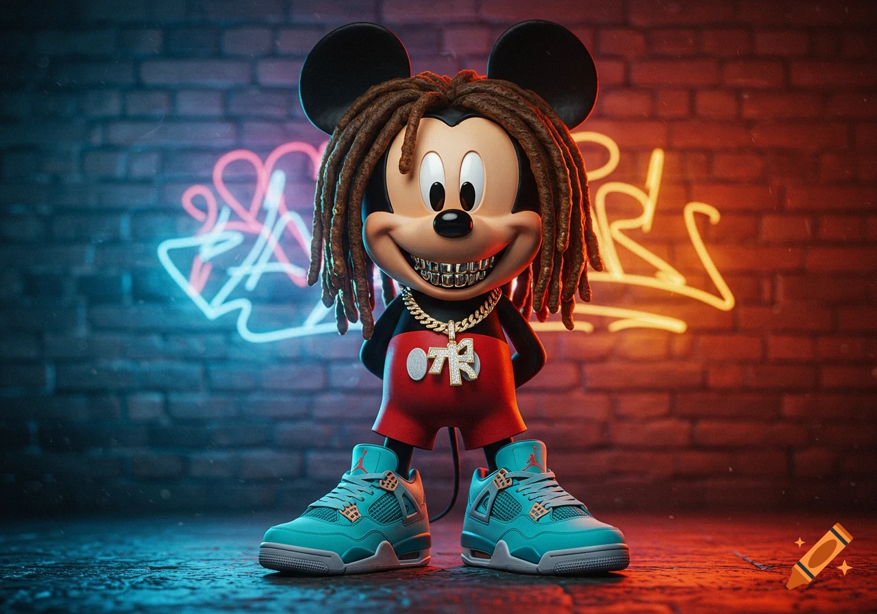 Mickey Mouse with dreadlocks, grillz, and a gold chain, wearing red ...