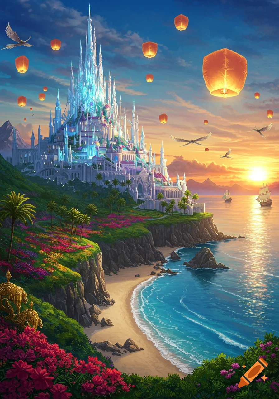 Fantasy castle on a cliff overlooking the ocean at sunset with glowing ...