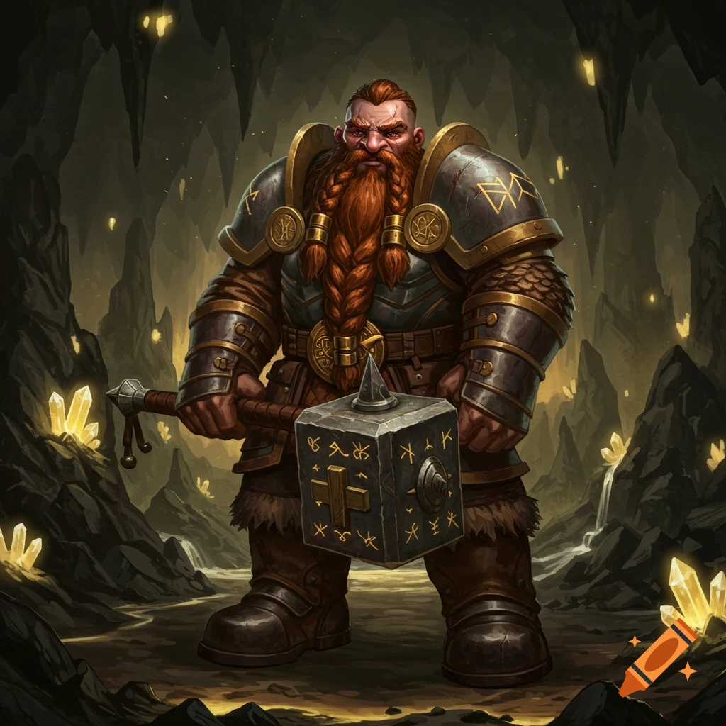 A strong, armored fantasy dwarf with a red braided beard holds a ...