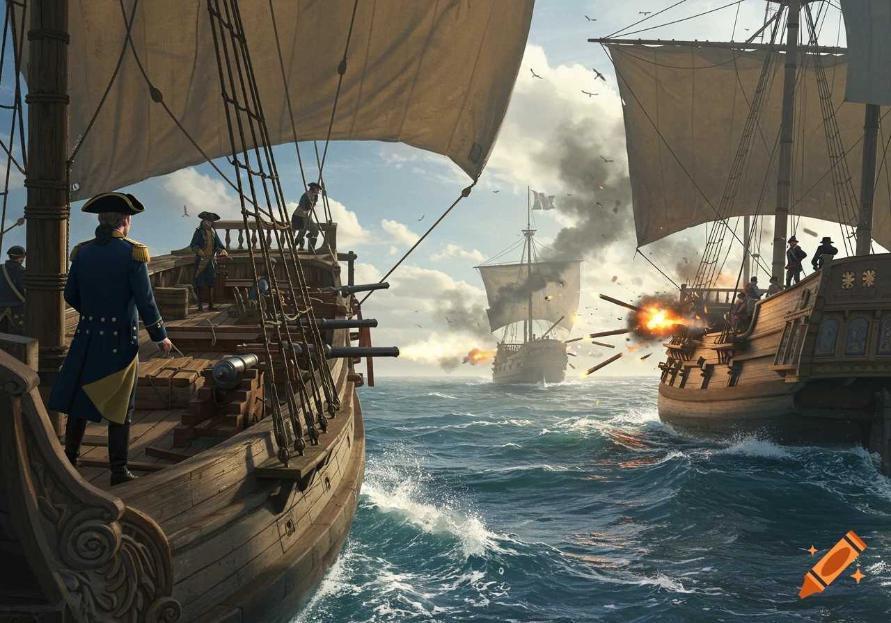 A historical naval battle with two sailing warships firing cannons at sea under a cloudy sky ...