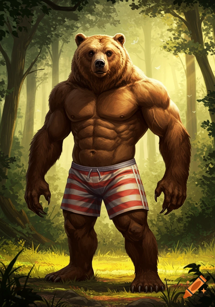 A muscular anthropomorphic brown bear with a human-like torso, bear head, arms, and clawed feet ...
