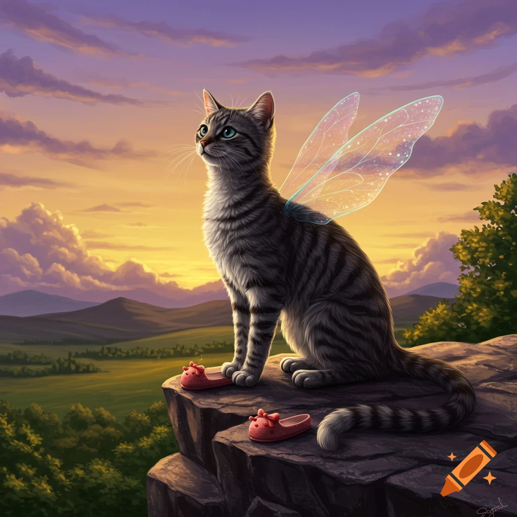 A grinning purple striped Cheshire cat floats among glowing flowers on ...