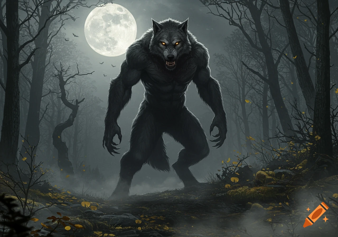 A large, armored humanoid wolf stands in a mystical, foggy forest under ...