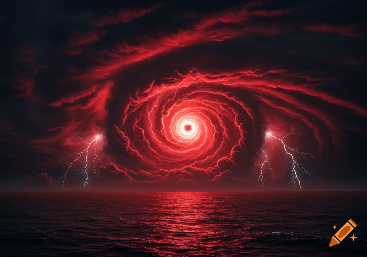 A colossal red hurricane with lightning rages over a dark, turbulent ...