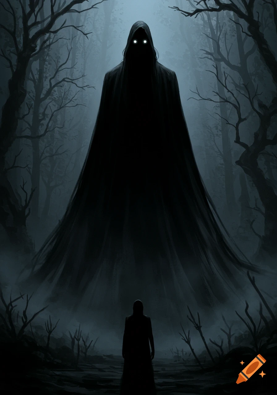 A tall, hooded black figure with glowing white eyes looms over a ...