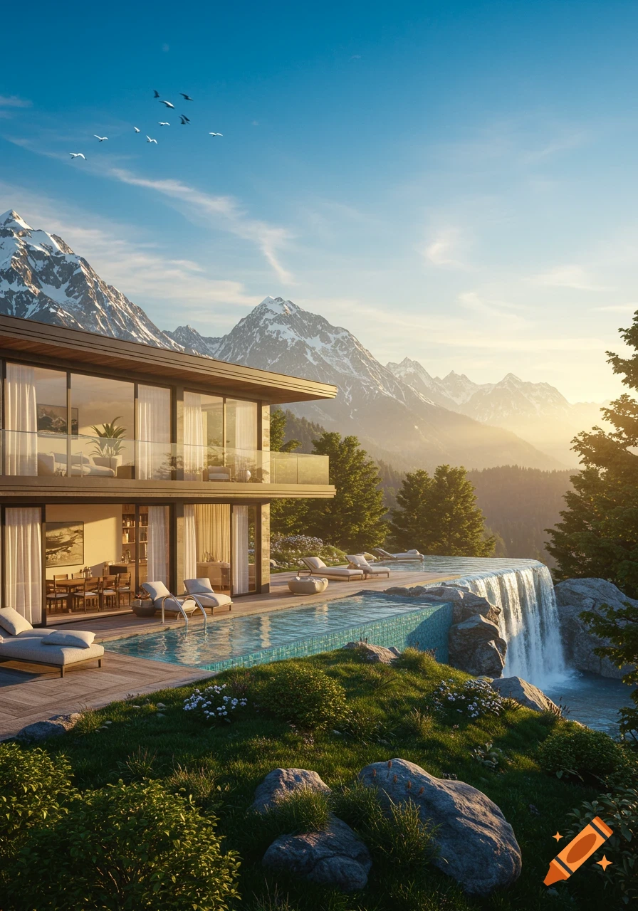 A luxurious modern house with an infinity pool and waterfall ...